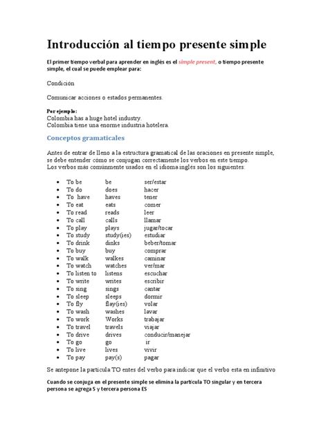 Introducción Al Tiempo Presente Simple Pdf
