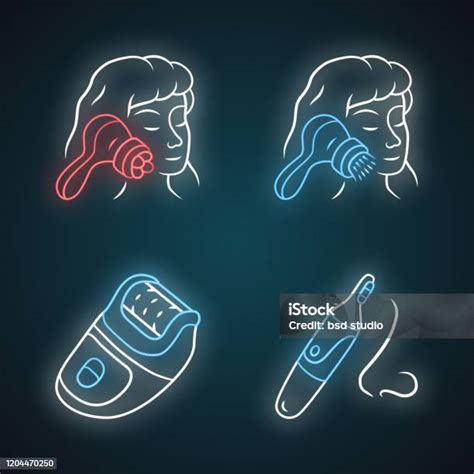 뷰티 장치 네온 라이트 아이콘 세트 얼굴 마사지기 클리닝 브러쉬 제모기 및 코 헤어 트리머 화장품 악기 미용 전동 공구 빛나는 징후 벡터 절연 일러스트레이션 개체 그룹에