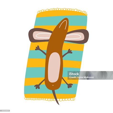 줄무늬 비치 타월에 누워있는 재미있는 만화 개 밝은 색상의 여름 분위기 어린이 디자인 및 휴가 테마에 적합합니다 벡터 일러스트 레이 션 개에 대한 스톡 벡터 아트 및 기타