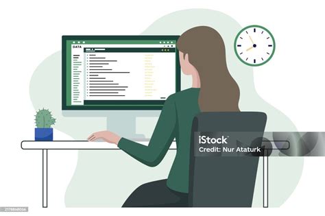 배경에 시계와 함께 데이터 분석을 표시하는 데스크톱 컴퓨터에서 일하는 여자 Vectorart 일러스트 레이 션 경영자에 대한 스톡 벡터 아트 및 기타 이미지 Istock