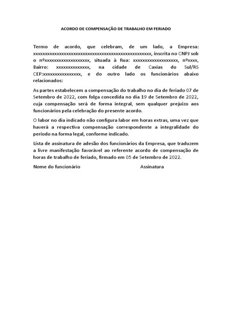 Modelo Acordo De Compensação De Trabalho Em Feriado Pdf