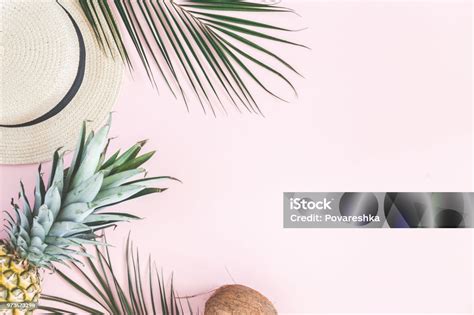 열 대 야 자 나뭇잎 모자 파인애플 코코넛 파스텔 핑크 배경 0명에 대한 스톡 사진 및 기타 이미지 0명 개념 고풍스런 Istock