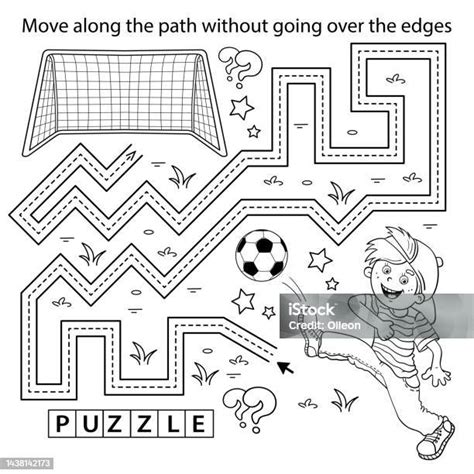 필기 연습 시트 간단한 교육 게임 또는 미로 색칠하기 축구 공을 가진 만화 소년의 개요 축구 스포츠 활동 아이들을위한 색칠하기