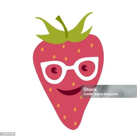 선글라스를 손으로 그린 스케치가 고립 된 패니 딸기 웃는 베리 낙서 벡터 일러스트 레이 션 맛있는 과일 메뉴 잼 또는 주스 라벨 차 배너를위한 유기농 식품 에코 템플릿