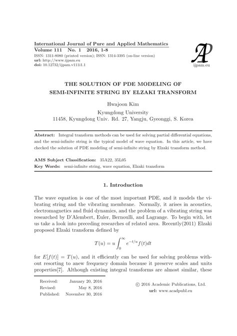 Pdf The Solution Of Pde Modeling Of Semi Infinite String By Elzaki Transform