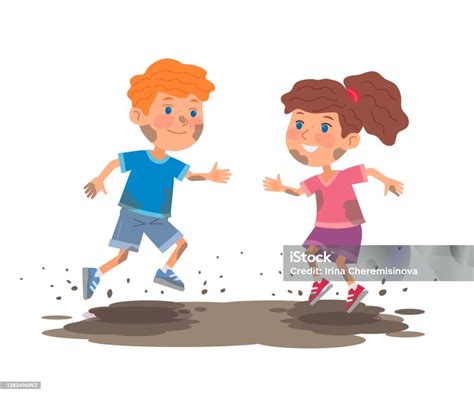 진흙에 누워 나쁜 아이 작은 소년과 소녀는 야외에서 더러운 진흙 웅덩이에 점프 매너 및 동작 벡터 그림입니다 흰색 배경에 고립 된 더러운 옷을 입은 Choldren 공원에