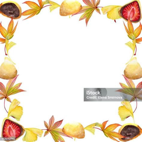 수채화 손으로 그린 일본 전통 과자 나뭇잎이 있는 가을 화자시의 정사각형 프레임 흰색 배경에 격리되어 있습니다 초대장 레스토랑 메뉴 인사말 카드 인쇄 섬유 디자인 0명에