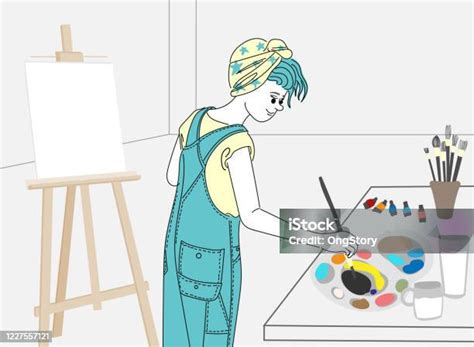 집에서 수채화를 그리는 여자 낙서 아트 컨셉 일러스트 페인팅 일함에 대한 스톡 벡터 아트 및 기타 이미지 일함 작품집
