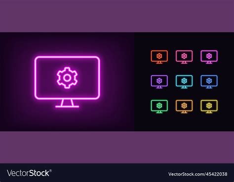 Outline Neon Pc Monitor Icon Set Glowing Vector Image