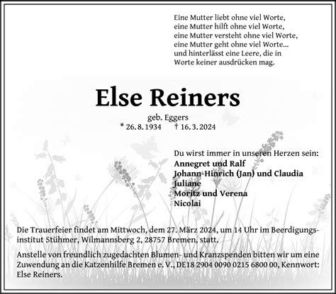 Traueranzeigen Von Else Reiners Trauer And Gedenken