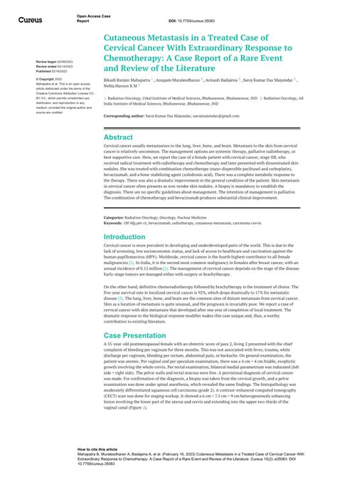 Pdf Cutaneous Metastasis In A Treated Case Of Cervical Cancer With Extraordinary Response To