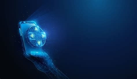 손에 있는 스마트폰의 로우 폴리 게임 컨트롤러 Dpad의 추상 그림 모바일 게임과 복고풍 게임 콘솔 에뮬레이션 개념을 묘사하는