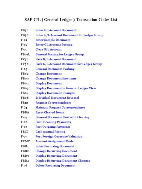 Sap G L General Ledger Transaction Codes List Pdf Banking Business