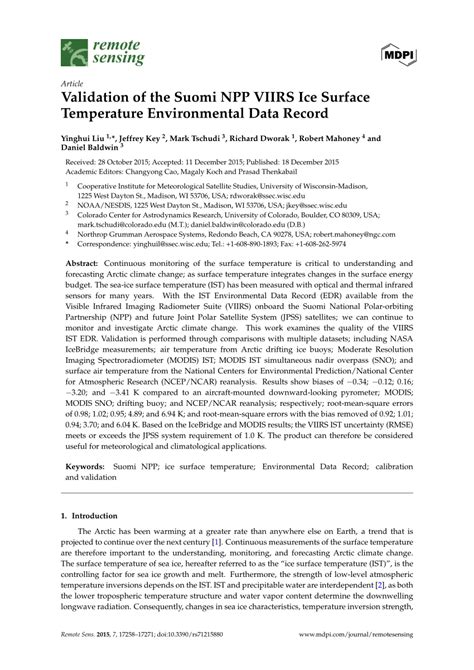Pdf Validation Of The Suomi Npp Viirs Ice Surface Temperature Environmental Data Record