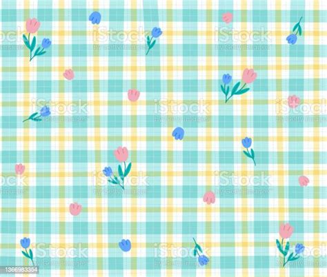 블루 핑크 튤립 꽃 그린 민트 깅엄 패턴 배경 편집 스트로크 벡터 일러스트 테이블 보 피크닉 매트 랩 페이퍼 0명에 대한 스톡 벡터 아트 및 기타 이미지 Istock