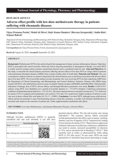 Pdf Adverse Effect Profile With Low Dose Methotrexate Therapy In