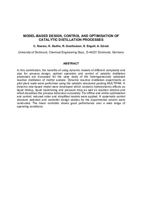 Pdf Model Based Design Control And Optimisation Of Catalytic Distillation Processes S
