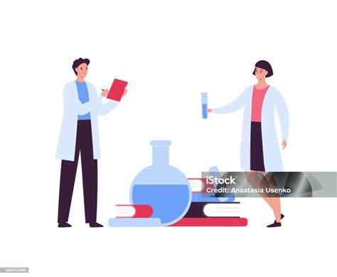 교육 및 과학 개념 벡터 플랫 인물 일러스트레이션 실험실 코트에 남성과 여성의 다양한 과학자 팀 예약 비커 및 테스트 튜브 실험실 장비 기호 Stem 주제에 대한 스톡 벡터