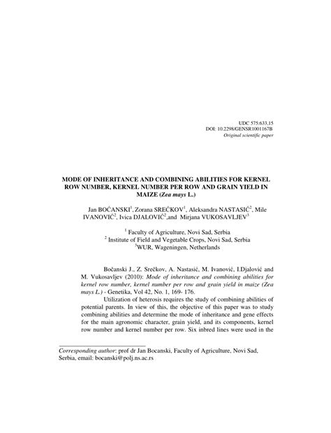 Pdf Mode Of Inheritance And Combining Abilities For Kernel Row Number