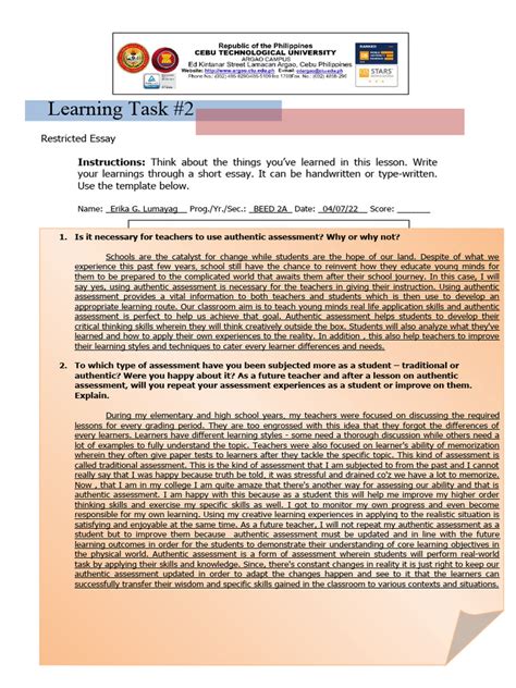 Learning Task 2 Assessment Pdf Learning Educational Assessment