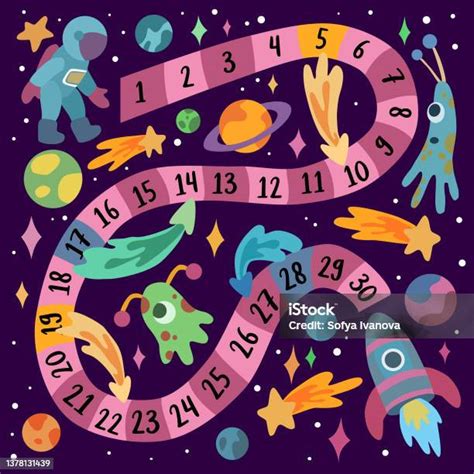 손으로 그리기 벡터 스페이스 보드 게임 어린이 가족 오락 게임 디자인 카드 포스터 인쇄에 사용하십시오 행성 별 외계인 로켓과