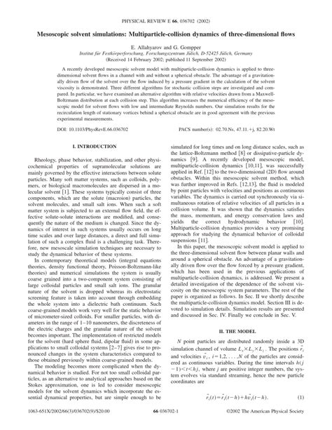 Pdf Mesoscopic Solvent Simulations Multiparticle Collision Dynamics Of Three Dimensional Flows