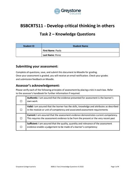 Bsbcrt Task Knowledge Questions Paola Perez F BSBCRT Develop Critical Thinking In
