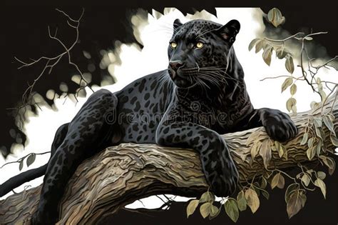 Panther Sitting On Tree Branch Surveying Its Territory Stock