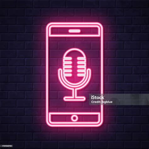 마이크가 있는 스마트폰 벽돌 벽 배경에 빛나는 네온 아이콘 Brand Name Smart Phone에 대한 스톡 벡터 아트 및 기타 이미지 Brand Name Smart