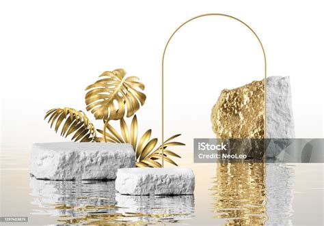 3d 렌더링 황금 열대 잎 바위 연단 조약돌 금 둥근 아치와 물에 반사현대 흰색 배경 빈 플랫폼입니다 제품 프레젠테이션을 위한 빈 쇼케이스 장면 0명에 대한 스톡 사진 및