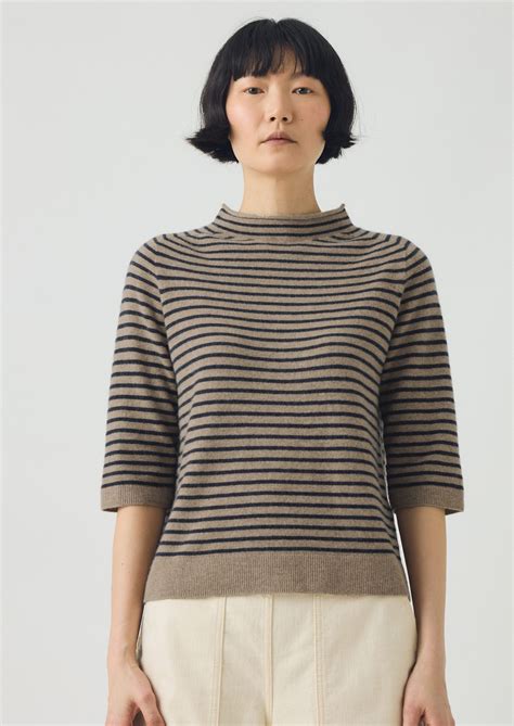 Stripe Wool Cashmere Half Sleeve Sweater Biscuitanthracite Toast