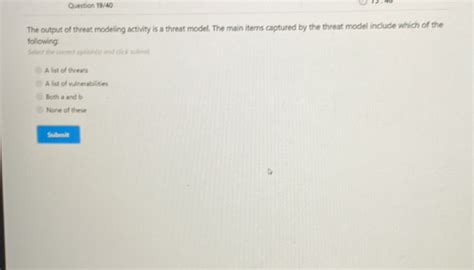 Question 19 40 The Output Of Threat Modeling Studyx