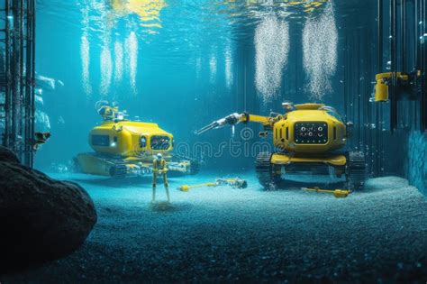 Exploration Robots Engaged In Underwater Research In A Vibrant Aquatic