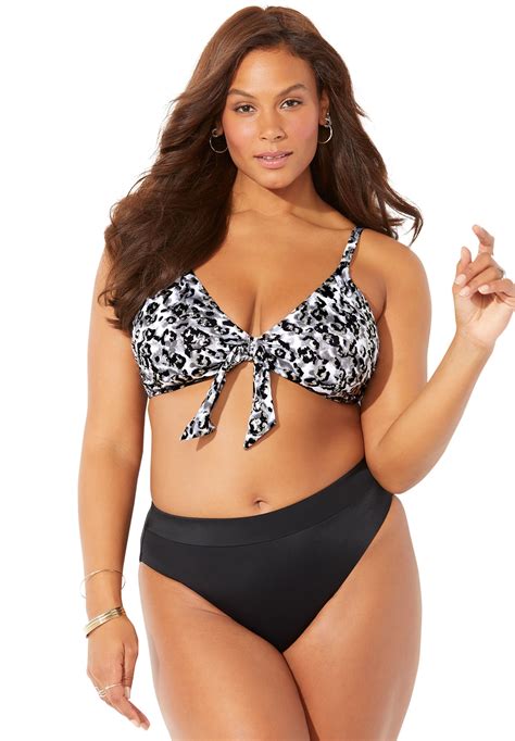 Swimsuits For All Womens Plus Size Mentor Tie Front High Waist Bikini Set 12 Snow Leopard