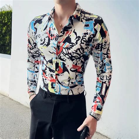 Streetwear Graffiti Printed Long Sleeved Men Shirt