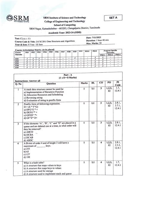 Set A Question Srm Institute Of Science And Technology
