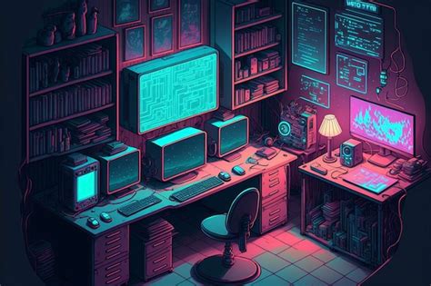 Premium Photo Computer Desk With Two Monitors And A Keyboard Generative Ai