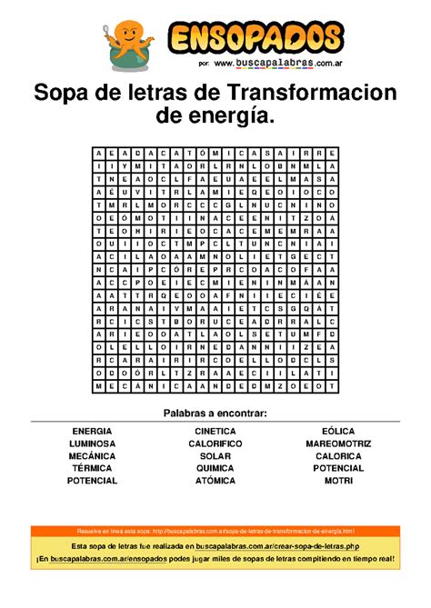Sopa De Letras Sobre Transformación De Energía Energía Y Mecánica