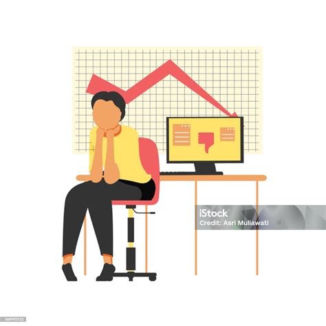 떨어지는 그래프와 함께 컴퓨터 모니터 앞에 앉아 있는 슬픈 남자 벡터 그림 거래자에 대한 스톡 벡터 아트 및 기타 이미지 거래자 걱정하는 경제 Istock