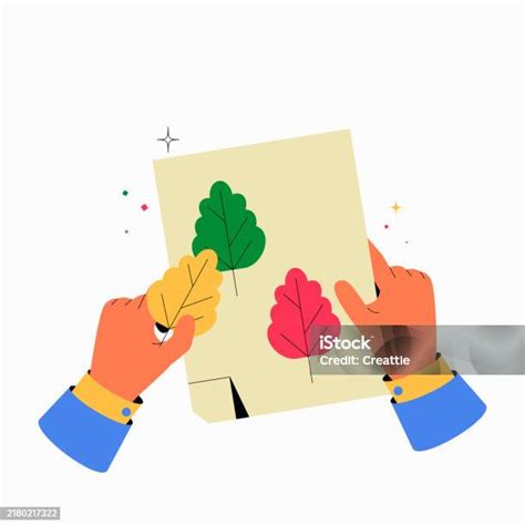 나뭇잎 컬렉션과 종이를 들고 손 자연 공예 및 창의성을 상징하는 평면 벡터 일러스트 레이 션 흰색 배경에 고립 된 Diy에 대한 스톡 벡터 아트 및 기타 이미지 Istock