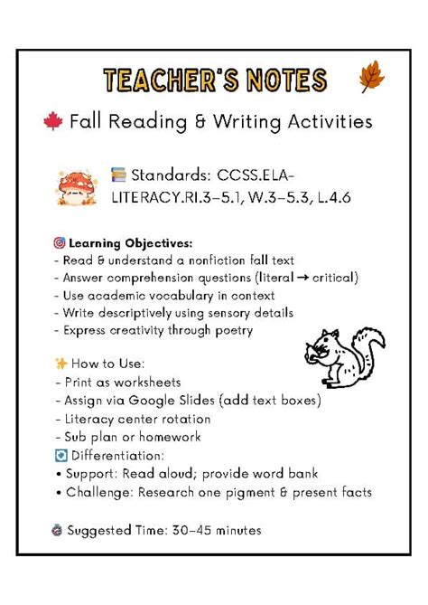 Fall Reading Comprehension And Writing Blackandwhite For Grade 3 6