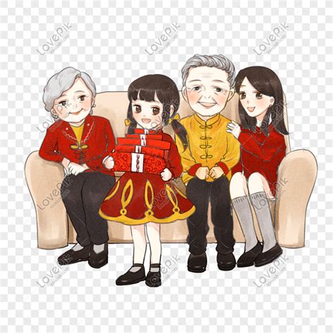 손으로 그린 만화 귀여운 실내 빨간색 길조 가족 초상화 PNG 일러스트 무료 다운로드 Lovepik