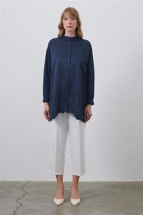 Tina Embroidered Laser Cut Shirt Navy Blue Kadriye Baştürk Global