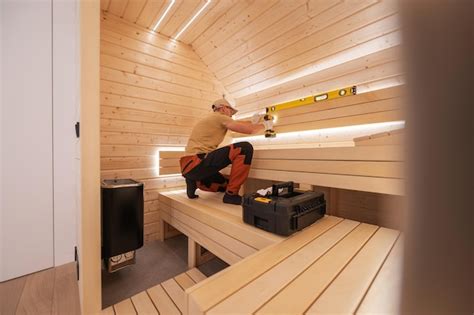 Building Modern Led Illuminated Residential Finnish Sauna Premium Photo