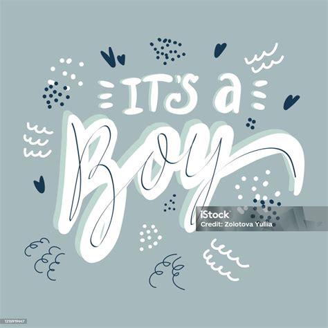 그 소년 글씨 로고 손으로 그려진 그림 파란색 배경에 흰색 서예 성별 공개 파티 벡터 인사말 카드입니다 귀여운 아기 엽서 베이비 샤워 도착 축 하 0명에 대한 스톡 벡터