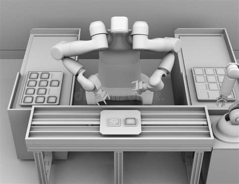 clay rendering of dual arm robot assembly printed circuit boards in