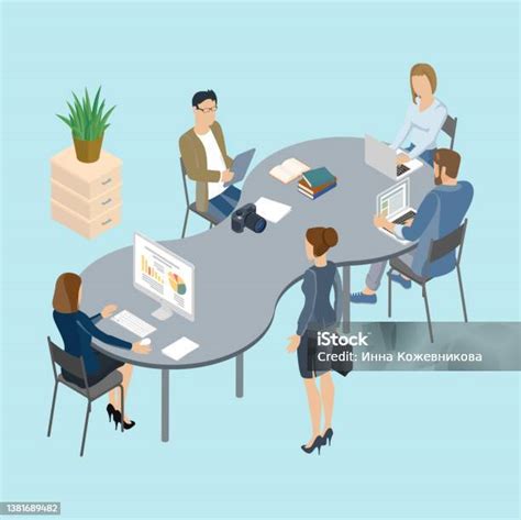 코워킹 센터의 개념 비즈니스 미팅 다문화 팀 공유 작업 환경 3차원 형태에 대한 스톡 벡터 아트 및 기타 이미지 3차원 형태 탁자 팀워크 Istock