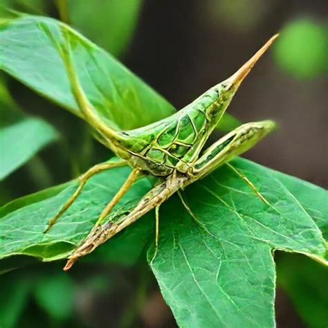 A Green Grasshopper With A Long Neck Sits On A Leaf Premium Ai