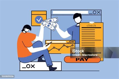 웹을 위한 플랫 디자인에서 사람들 장면과 온라인 지불 개념 모바일 애플리케이션을 사용하여 신용 카드로 디지털 수표를 지불하는