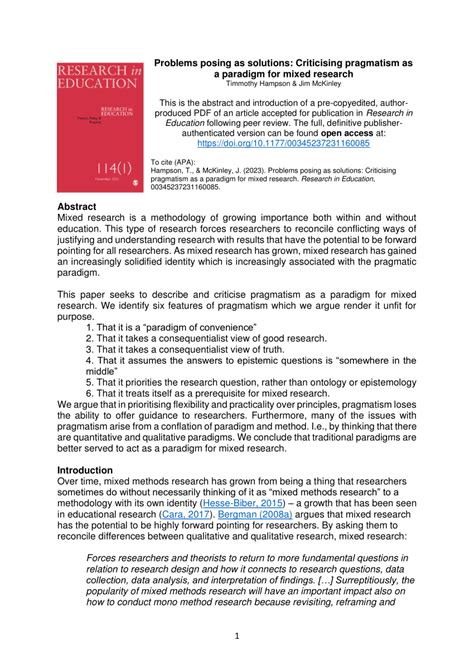Pdf Problems Posing As Solutions Criticising Pragmatism As A Paradigm For Mixed Research